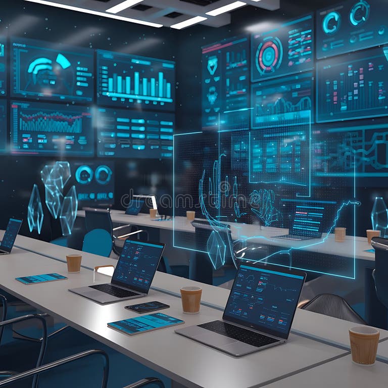 Modern Command Center with Real-Time Global Data Visualization on Multiple Screens. Stock ...