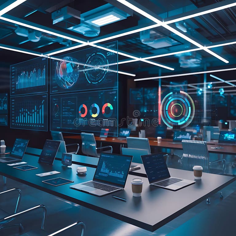 Modern Command Center with Real-Time Global Data Visualization on Multiple Screens. Stock ...