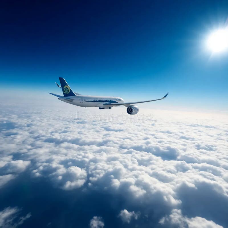 A Modern Commercial Airplane Flying High Above the Clouds Stock Image ...