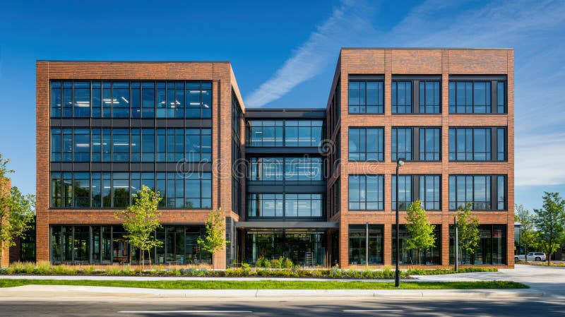 Modern Commercial Building with Large Windows and Brick Facade Stock ...