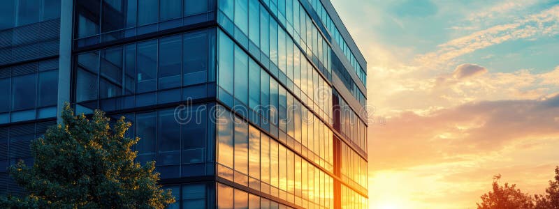 Modern Commercial Building Reflecting Sunset with Glass Facade Stock ...