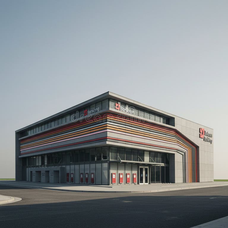 Modern Commercial Building with a Sleek, Angular Design, Featuring Large Glass Stock ...