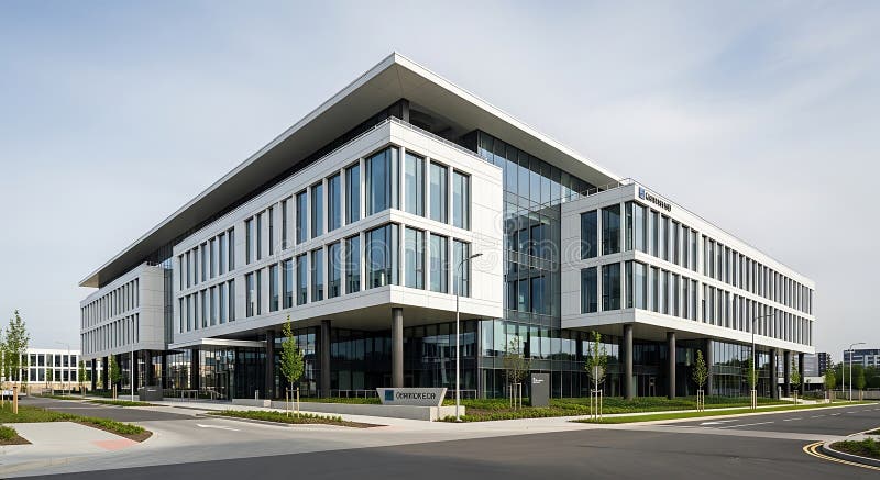 Modern Commercial Building with Three Stories, Characterized by a Sleek, Angular Stock ...