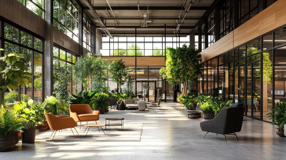 Modern Commercial Interior with Greenery and Natural Light Stock Image ...