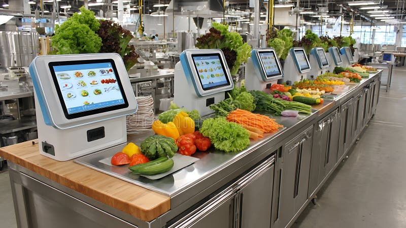 Modern Commercial Kitchen with Digital Interfaces and Fresh Produce ...