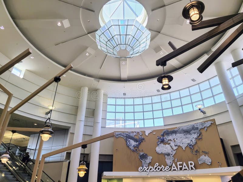 Modern Commercial Space with World Map and Skylight from Low Angle ...