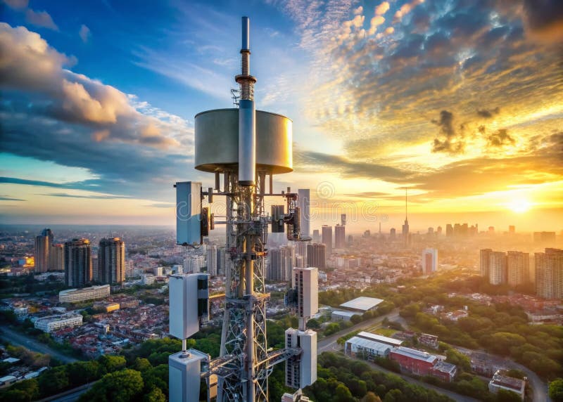 Modern Communication Infrastructure Drones Eye View of a Rooftop 5G ...