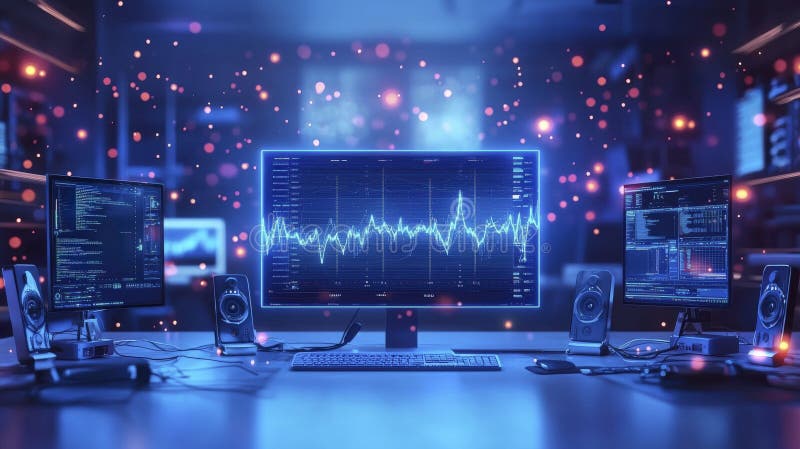 Modern Communication Setup Featuring Glowing Waveforms in a Tech ...