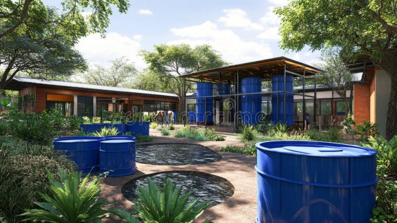 Modern Community Center with Blue Rainwater Harvesting System Stock ...