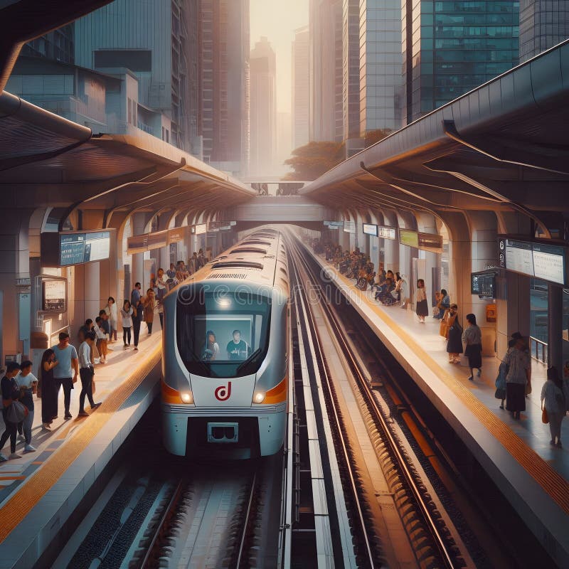 Modern Commuter Line Train Pulling into Crowded Platform with ...