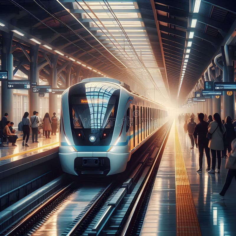Modern Commuter Line Train Pulling into Crowded Platform with ...