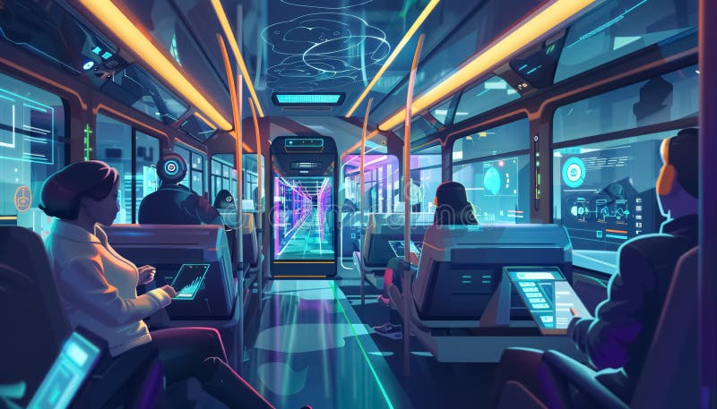 Modern Commuters Using Technology on Bus Illuminated by Neon Lights ...