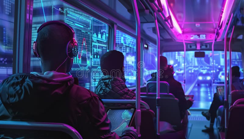 Modern Commuters Using Technology on Bus Illuminated by Neon Lights ...