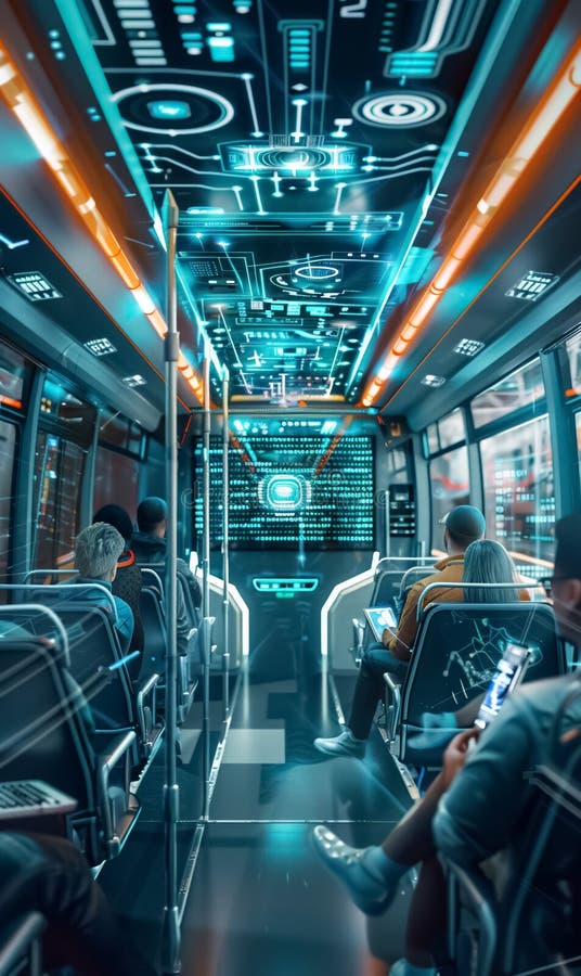 Modern Commuters Using Technology on Bus Illuminated by Neon Lights ...
