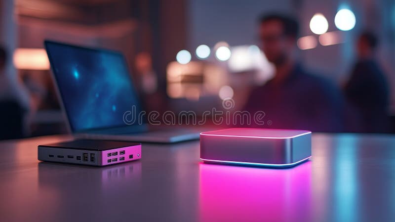 A Modern Compact Computer and Laptop Sit on a Table in a Dimly Lit Room ...