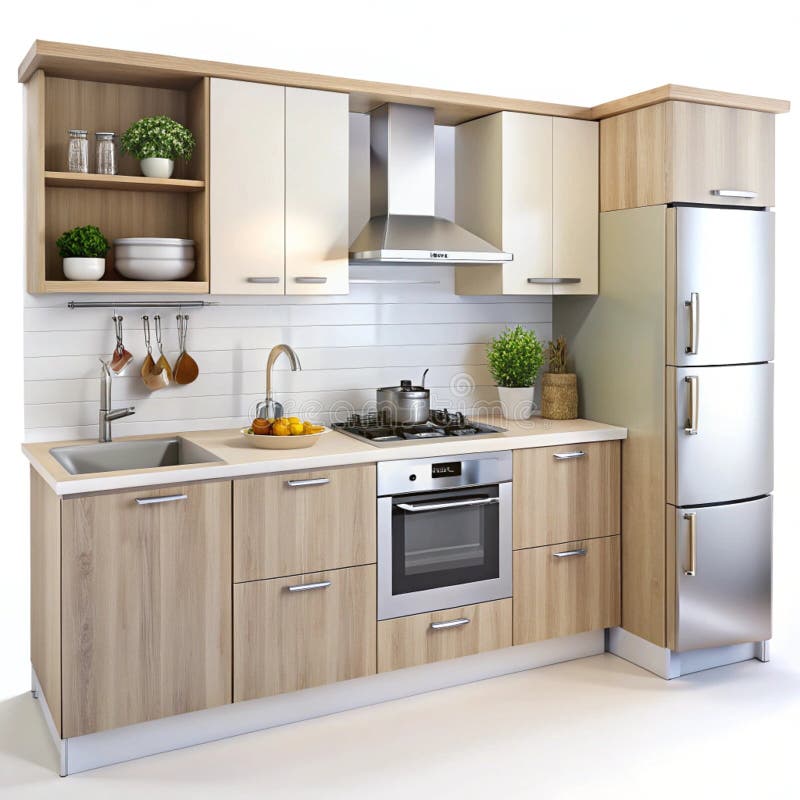 Modern Compact Kitchen with Light Wood and White Cabinets, Featuring a ...