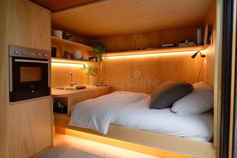 A Modern Compact Living Space with a Cozy Bed, Kitchenette, and Warm ...