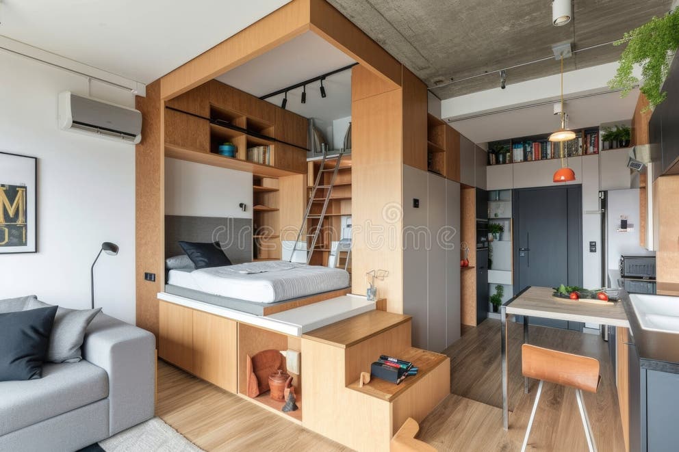 Modern Compact Studio Interior Design Stock Illustration - Illustration ...