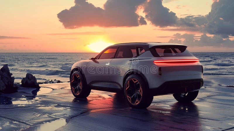 Modern Compact SUV on Coastal Concrete Road, Luxury Car with Sunset in ...