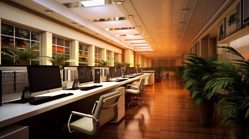 Modern Company Office Interior with Computers and Plants. Business ...