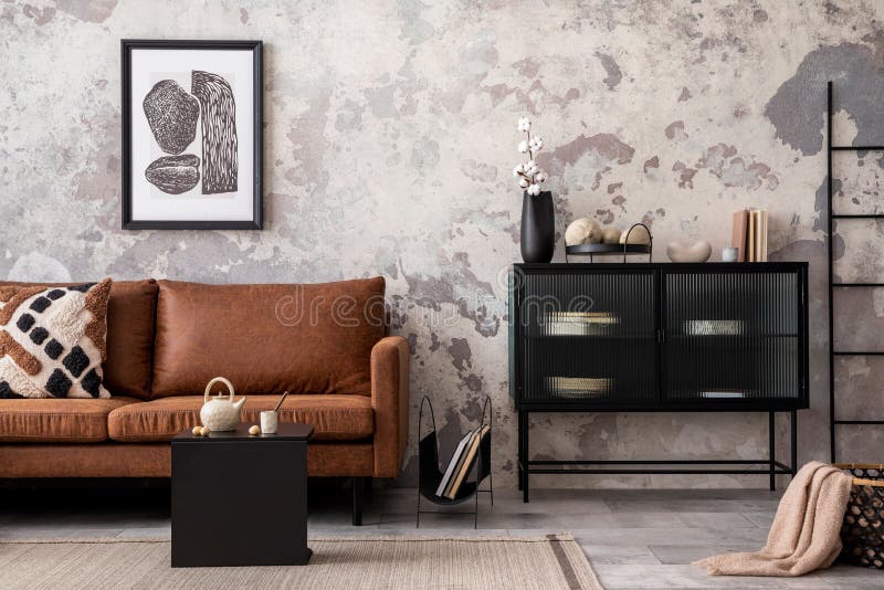 Modern Composition of Living Room with Brown Sofa, Mock Up Poster Frame ...