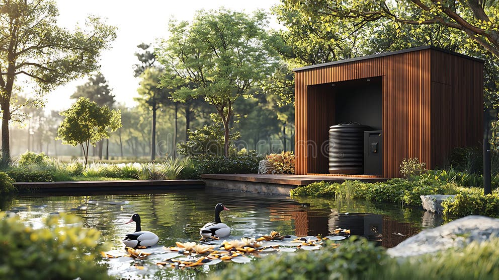 Modern Composting Hub Surrounded by Lush Greenery and Serene Pond ...