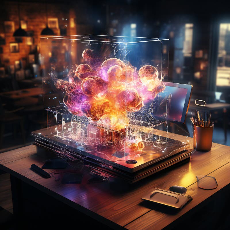 Modern Computer with Abstract Glowing Brain on Screen. Artificial ...