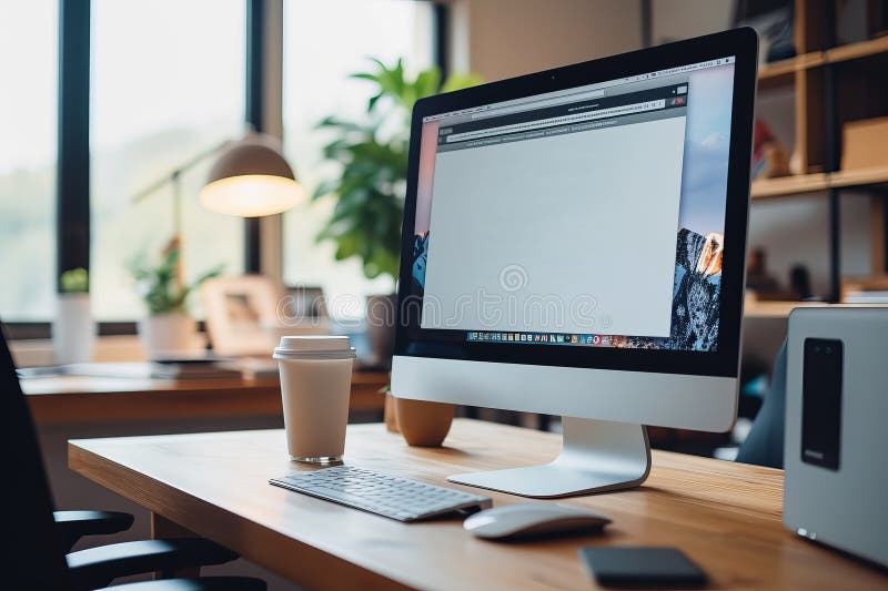 Modern Computer with a Blank Screen in a Well-lit Office Space, Hinting ...