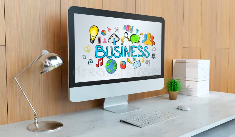 Modern Computer with Business Presentation 3D Rendering Stock ...