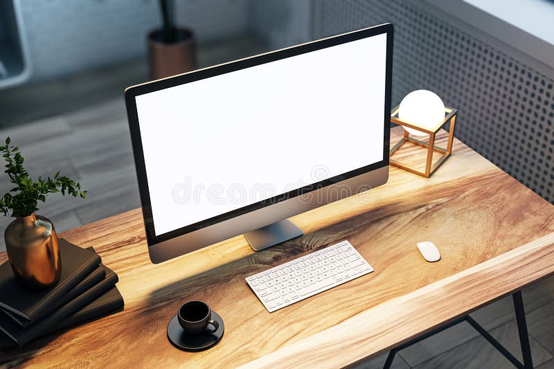 A Modern Computer on a Desk with an Empty Screen, Wooden Surface, and ...