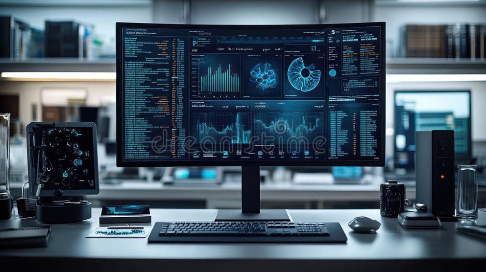 A Modern Computer Desk with a Large Curved Monitor Displaying Data and Graphs in a Laboratory ...