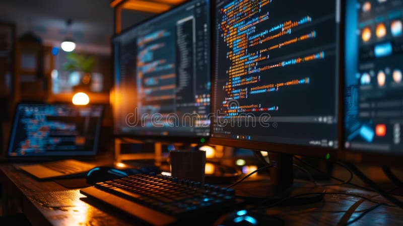 Modern Computer Desk Setup with Monitors and Keyboard Stock Photo ...