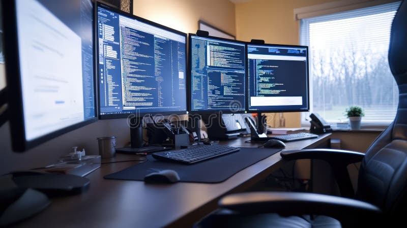Modern Computer Desk Setup with Multiple Monitors and Technology Stock Photo - Image of work ...