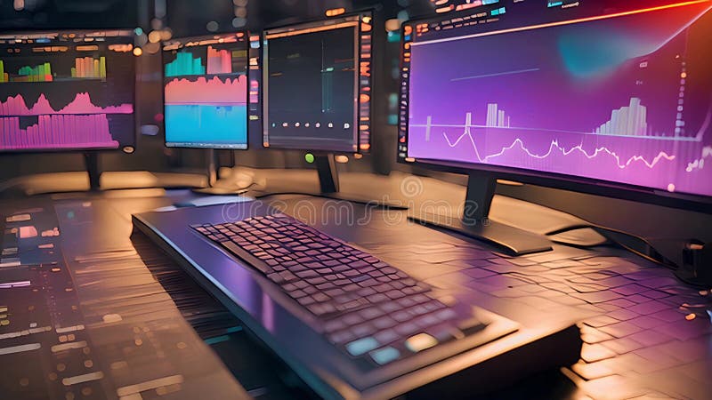 Modern Computer Desk Setup with Three Monitors and Keyboard Stock ...