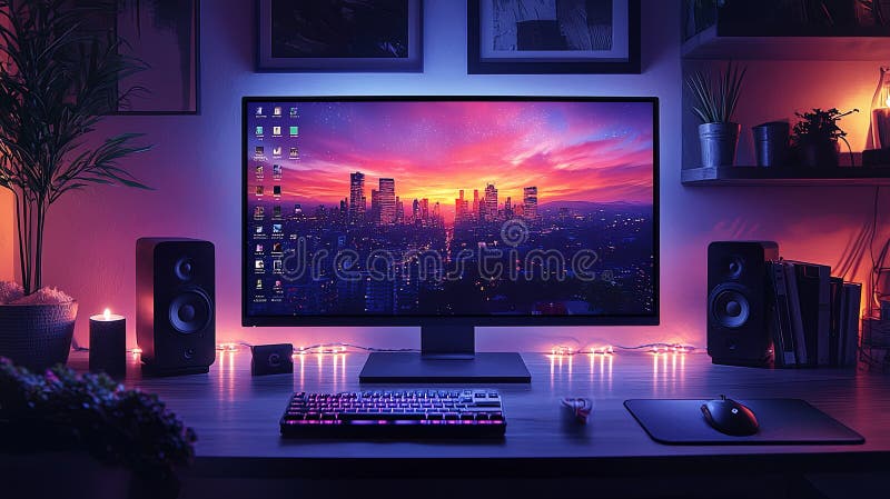 Modern Computer Desk Setup with Urban Cityscape on Screen Stock ...