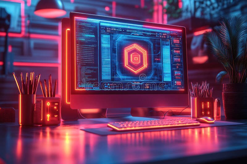 A Modern Computer Desktop with a Glowing Hexagonal Icon on the Screen ...