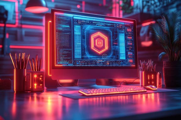 A Modern Computer Desktop with a Glowing Hexagonal Icon on the Screen ...