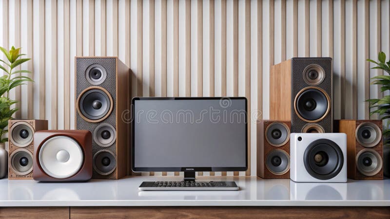 Modern Computer Desktop with Speakers on a Wooden Table Stock ...
