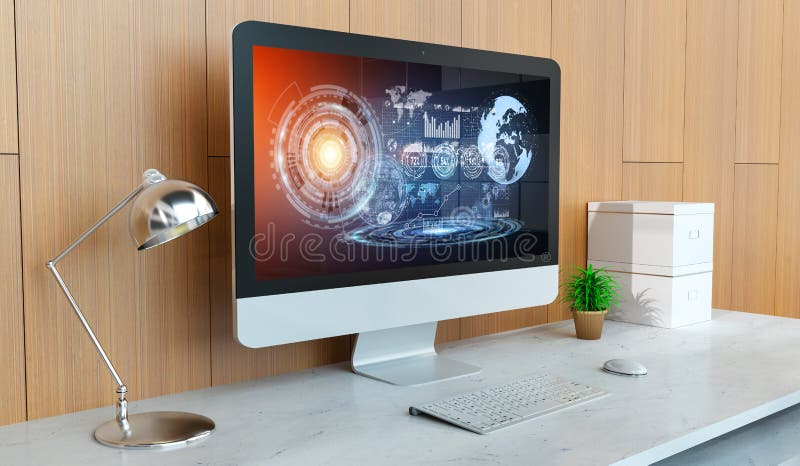 Modern Computer with Digital Hologram Presentation 3D Rendering Stock ...