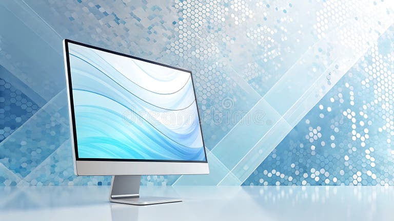 Modern Computer Display Against Abstract Blue Patterned Wall Backdrop ...