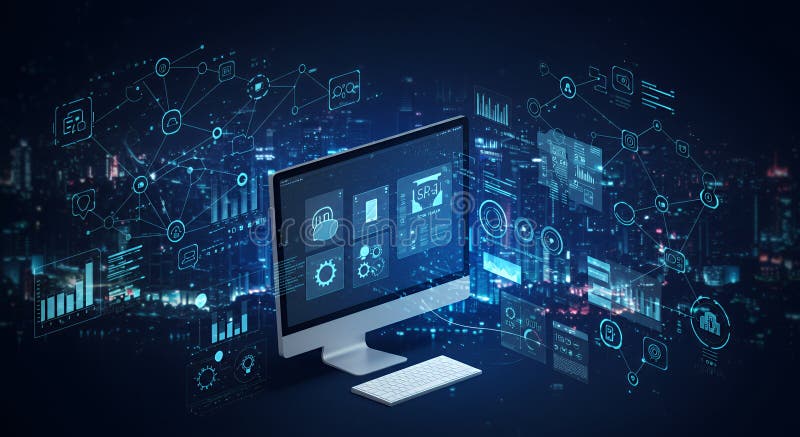 Modern Computer Displays Data Analytics Against a City Skyline Stock ...