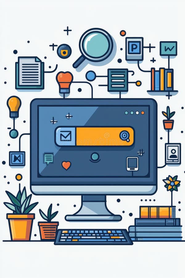 Modern Computer Interface with Floating Icons and Search Bar ...