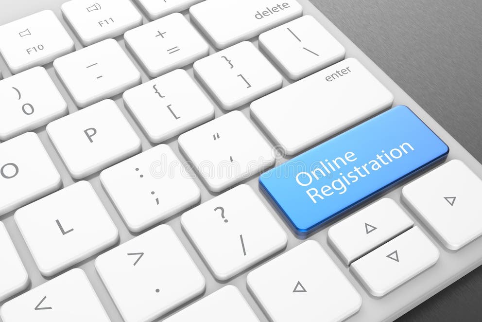 Modern Computer Keyboard with Blue Online Registration Button. 3 Stock ...