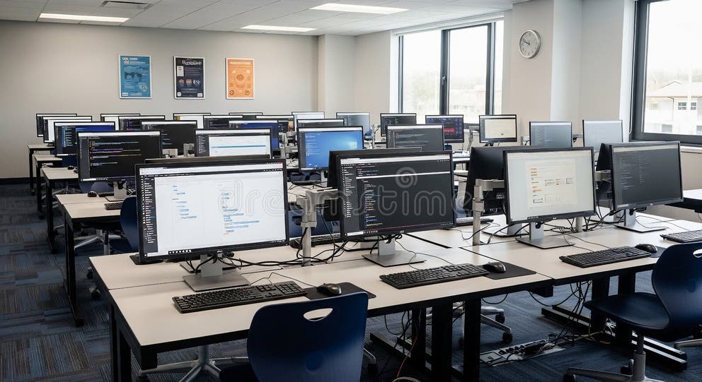Modern Computer Lab Classroom with Rows of Desktop Computers and Monitors, Ready for Learning ...