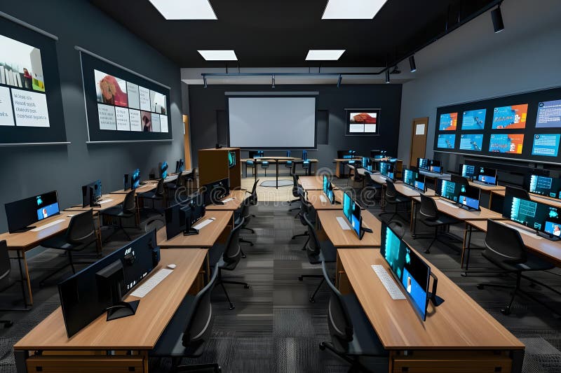 Modern Computer Lab Design, Rows of Desktops with Large Screens and ...