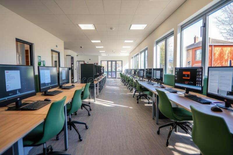 Modern Computer Lab Bright Workspace Green Chairs Sunlight Stock ...
