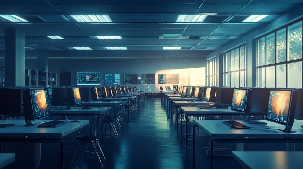 Modern Computer Lab Interior Design Evening Sunlight Rows of Desktops ...