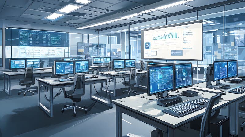 Modern Computer Lab with Multiple Workstations Featuring Desktop Ai Generated Stock Illustration ...