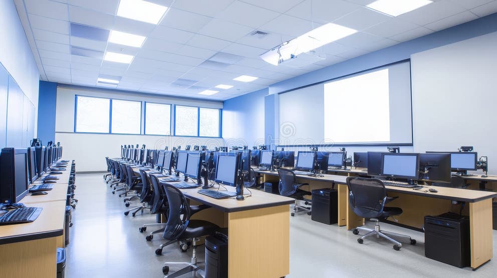 A Modern Computer Lab with Multiple Workstations and a Projector for Educational Use Stock ...