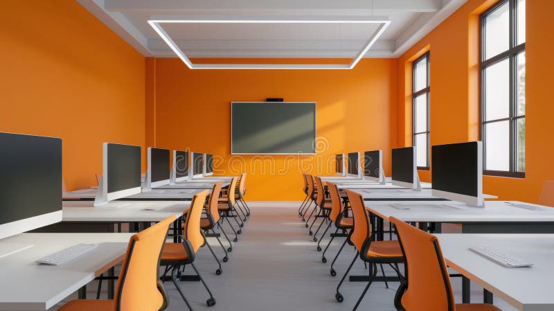 Modern Computer Lab with Orange Walls, Equipped with Multiple Desktop ...